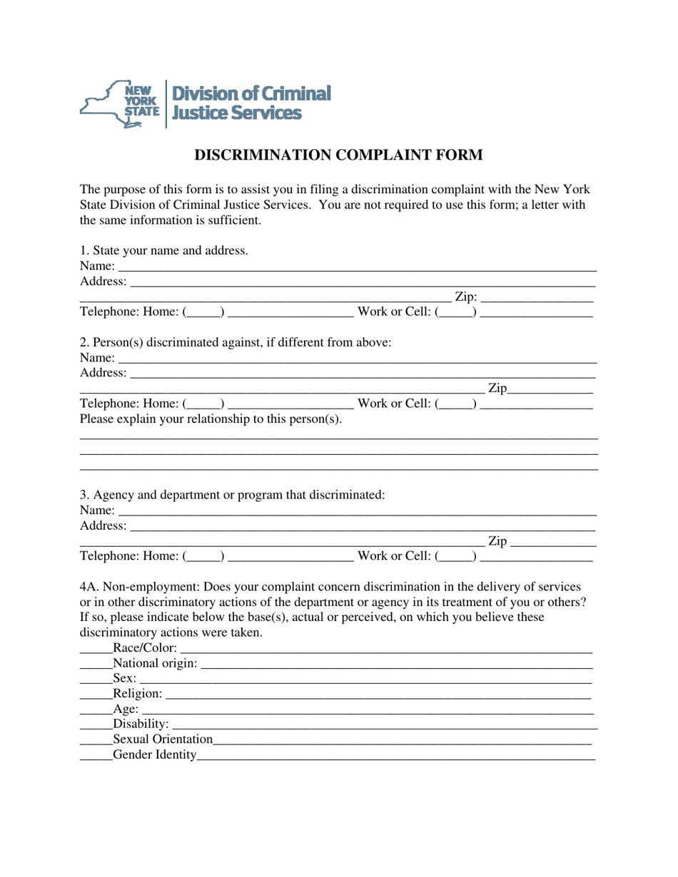 New York Discrimination Complaint Form Download Printable PDF ...