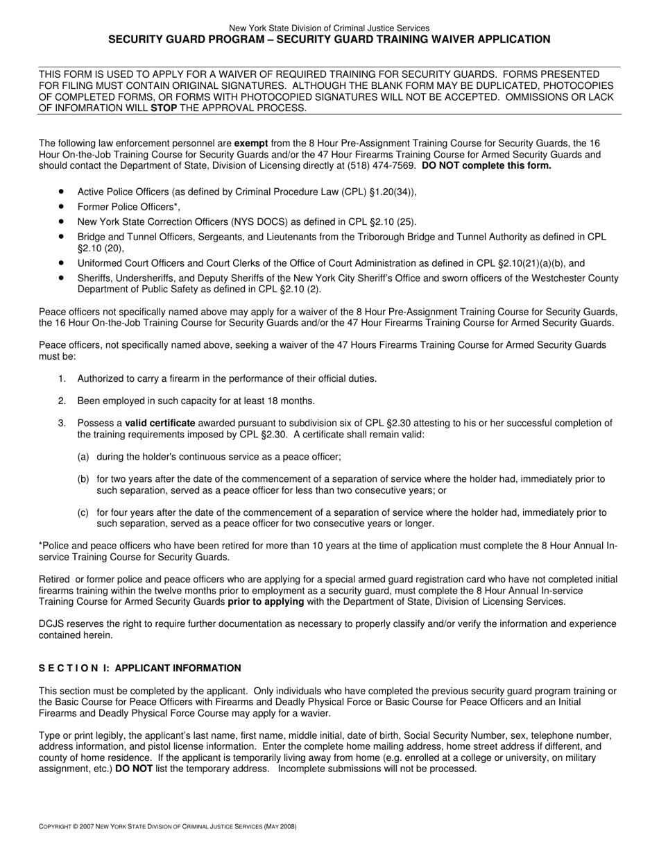 New York Security Guard Training Waiver Application - Fill Out, Sign ...