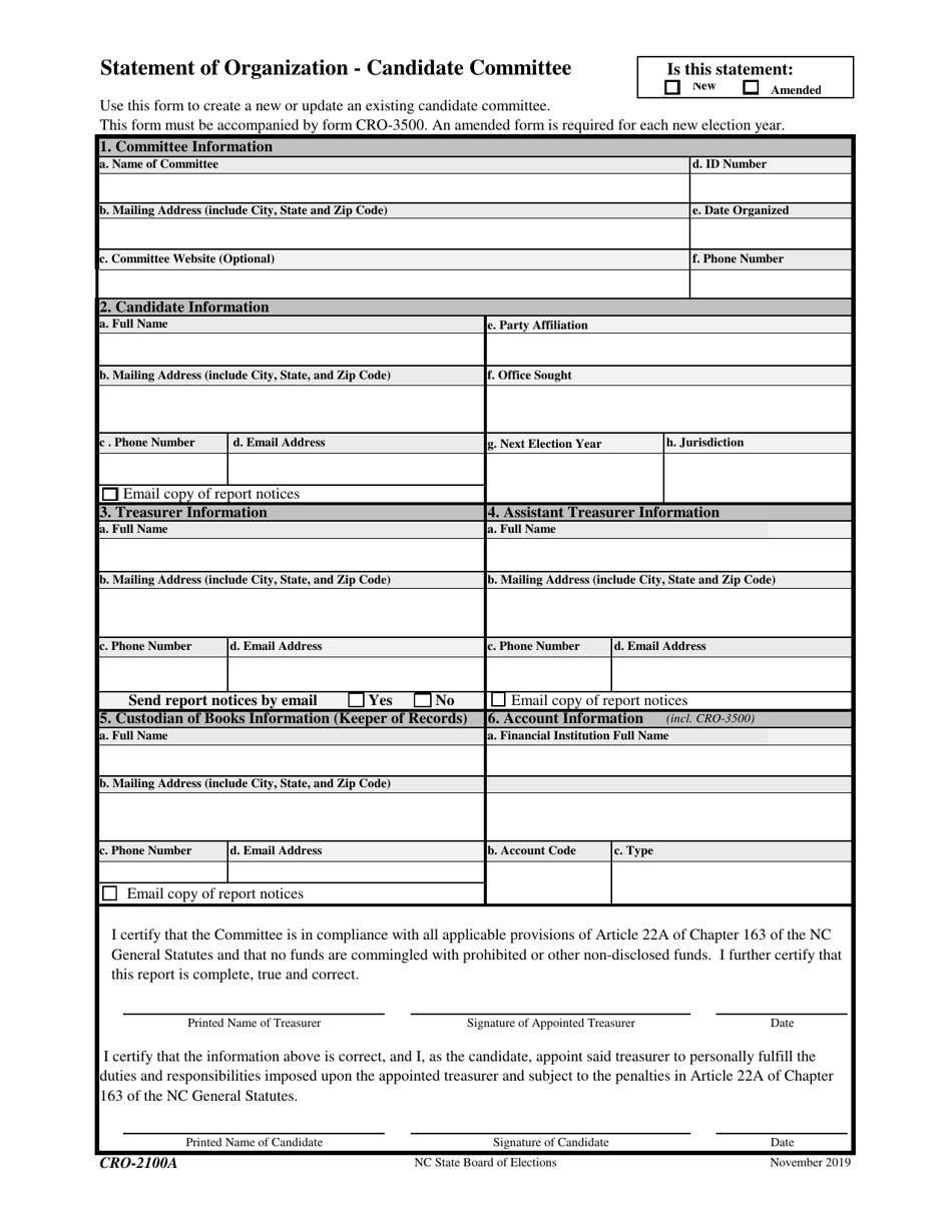Form CRO-2100A - Fill Out, Sign Online and Download Fillable PDF, North ...