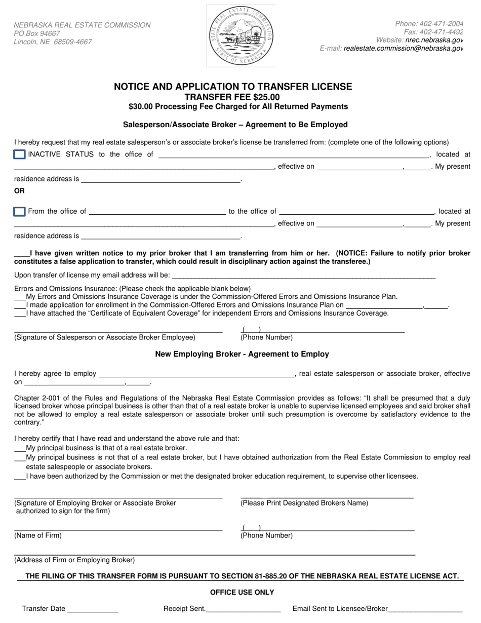 Nebraska Notice and Application to Transfer License - Fill Out, Sign ...