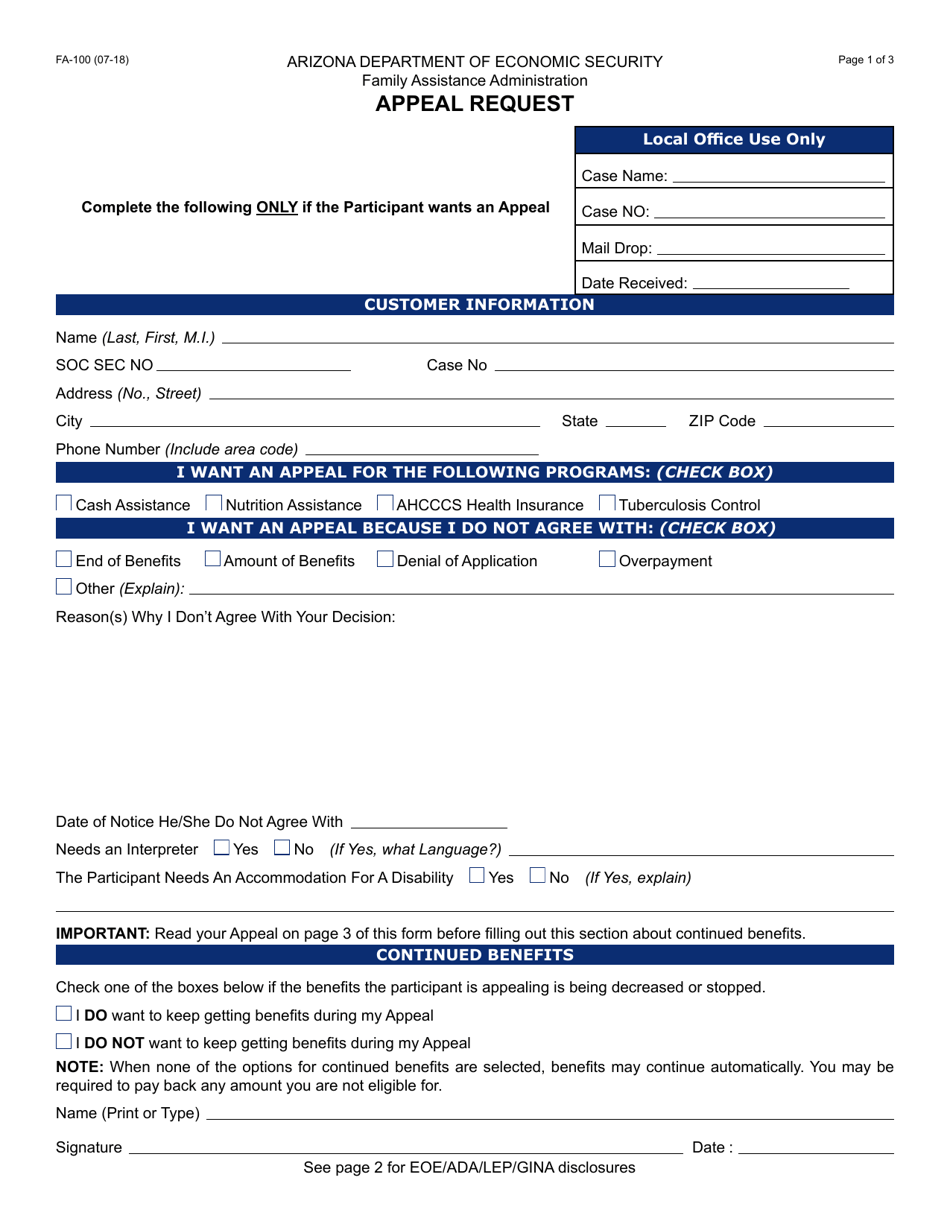 Form FA-100 - Fill Out, Sign Online and Download Printable PDF, Arizona ...