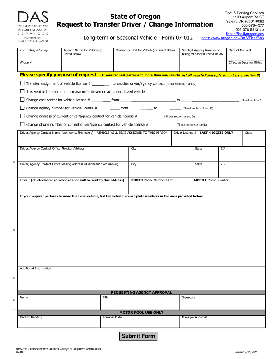 Form 07-012 Download Fillable PDF or Fill Online Request to Transfer ...