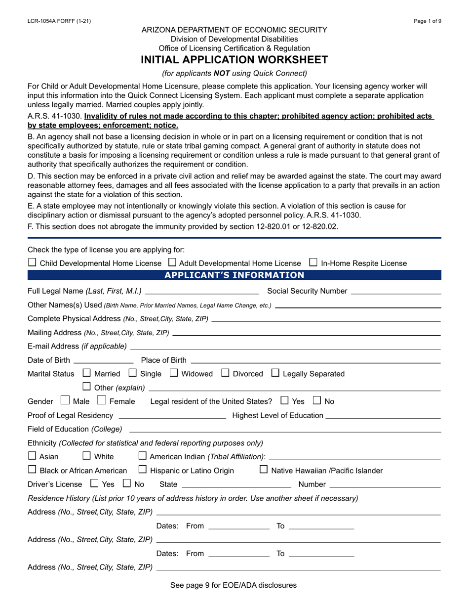 Form LCR-1054A Download Fillable PDF or Fill Online Initial Application ...