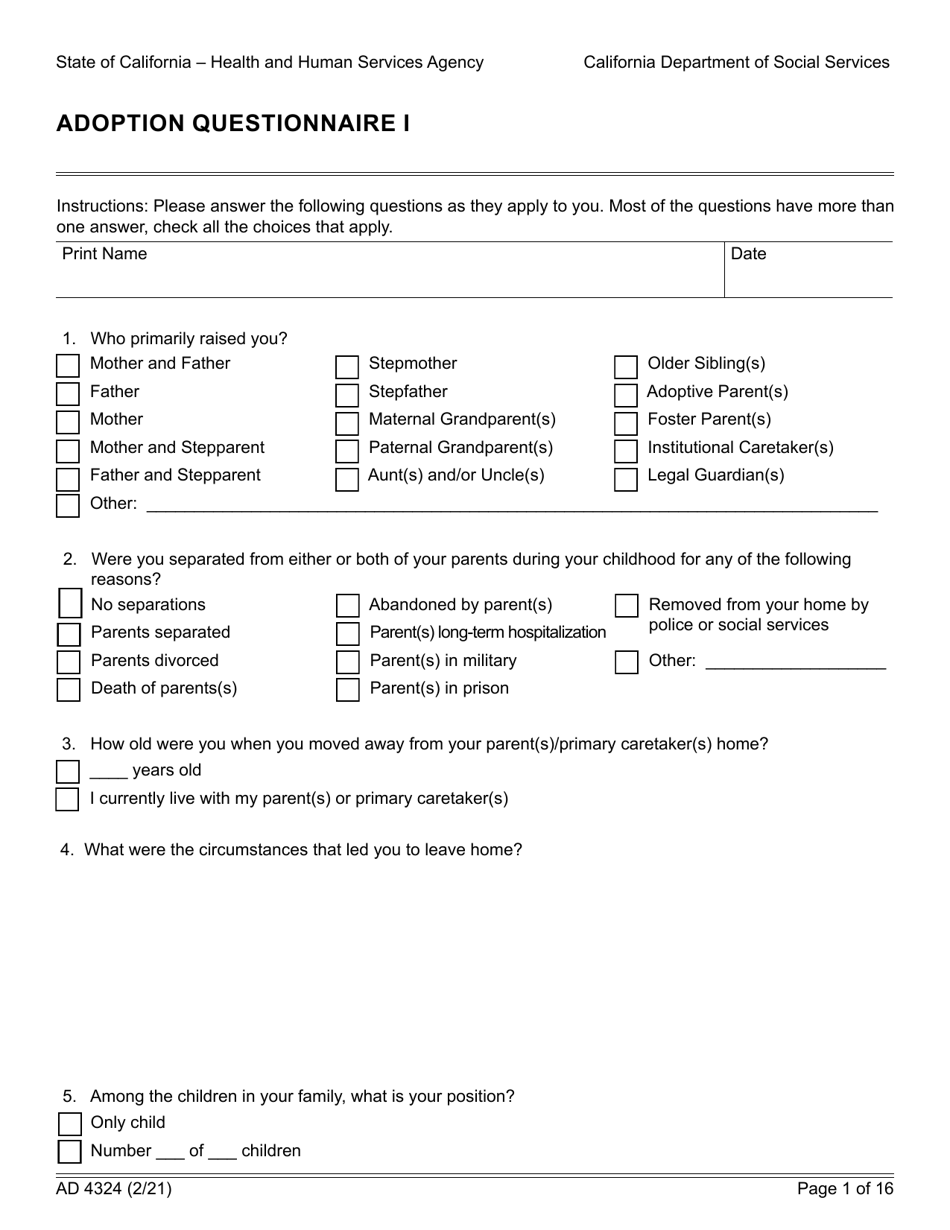 Form AD4324 Download Fillable PDF or Fill Online Adoption Questionnaire ...