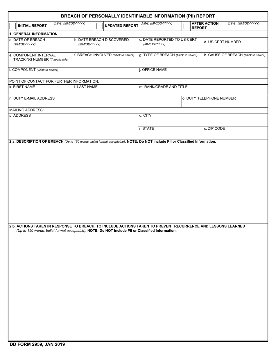 DD Form 2959 Download Fillable PDF or Fill Online Breach of Personally ...