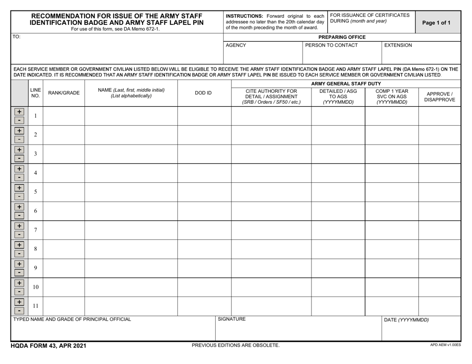 HQDA Form 43 - Fill Out, Sign Online and Download Fillable PDF ...
