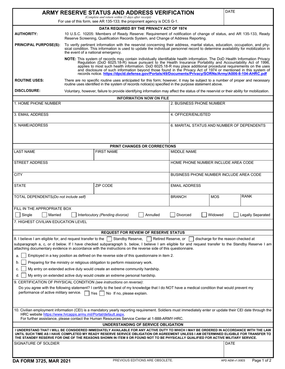 DA Form 3725 Download Fillable PDF Or Fill Online Army Reserve Status DA Form 3725 Download Fillable PDF Or Fill Online Army Reserve Status