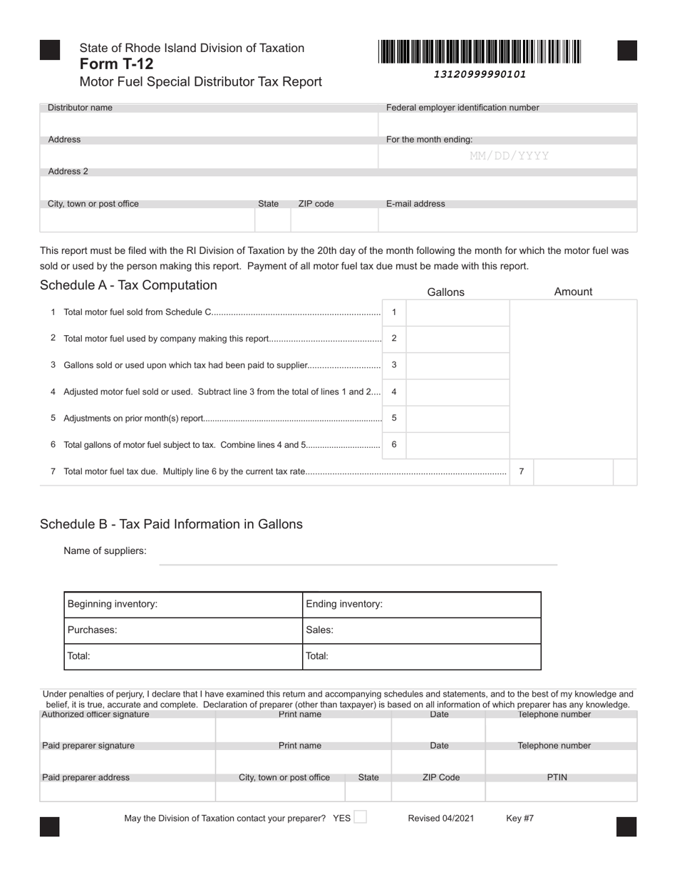 Form T-12 - Fill Out, Sign Online and Download Fillable PDF, Rhode ...