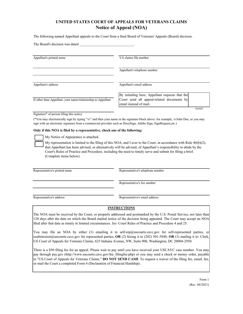 Form 1 Download Fillable PDF or Fill Online Notice of Appeal (Noa ...