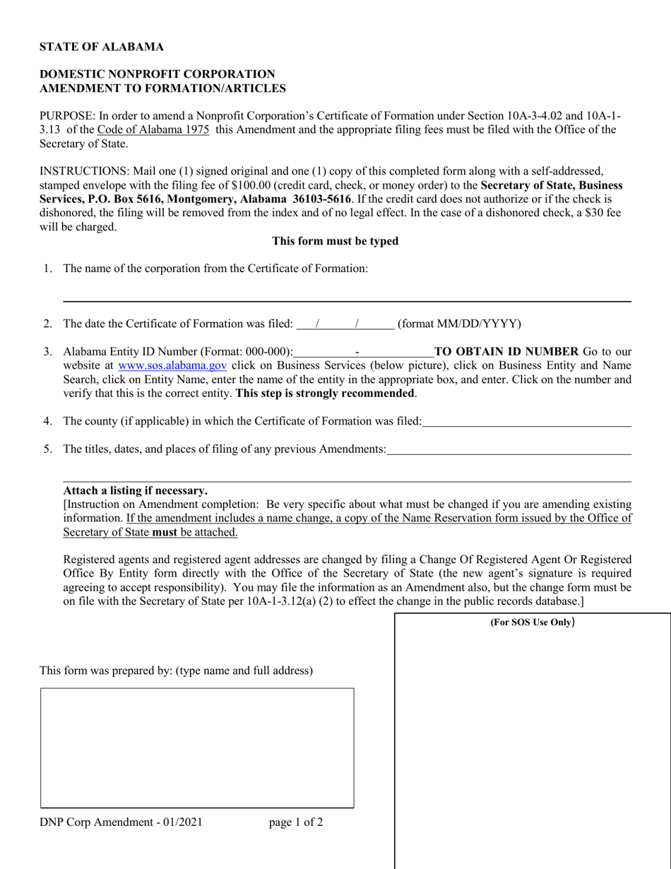 Alabama Domestic Nonprofit Corporation Amendment to Formation/Articles ...