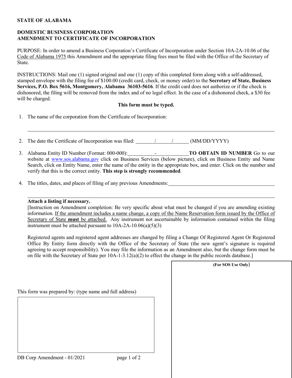 Alabama Domestic Business Corporation Amendment to Certificate of ...