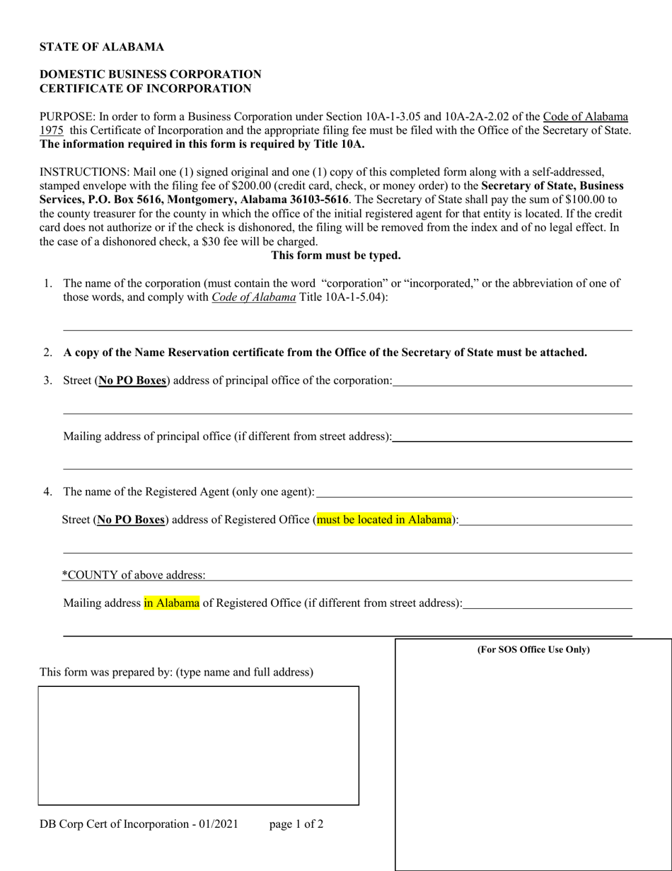 Alabama Domestic Business Corporation Certificate of Incorporation ...