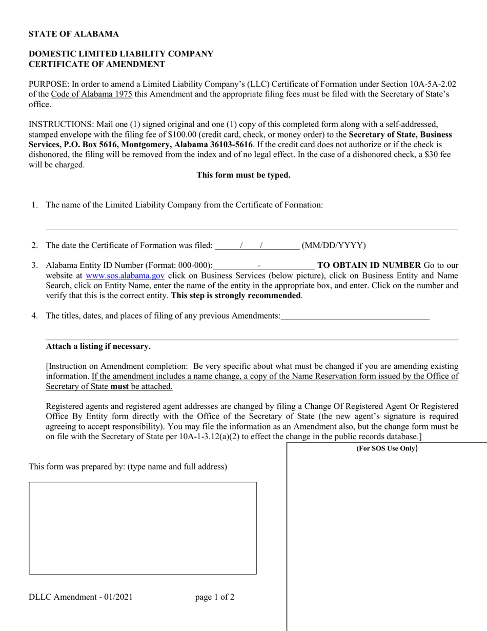 Alabama Domestic Limited Liability Company Certificate of Amendment ...