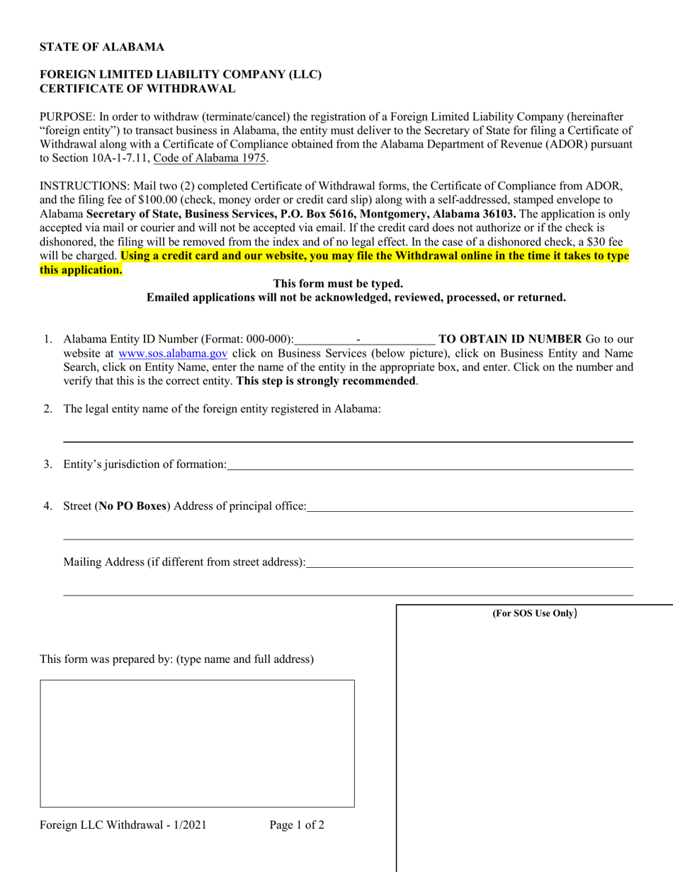 Alabama Foreign Limited Liability Company (LLC) Certificate of ...