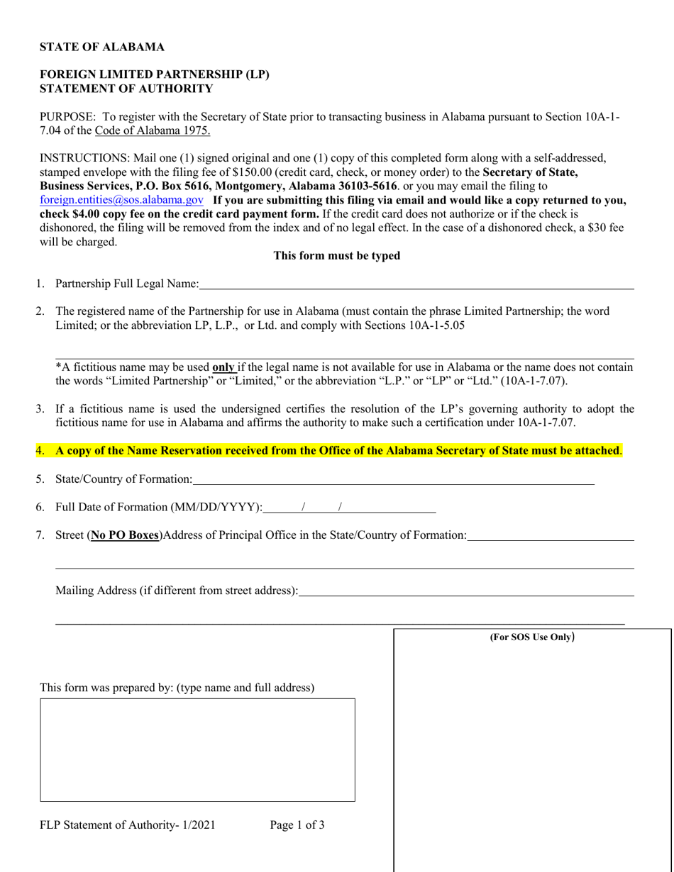 Alabama Foreign Limited Partnership (Lp) Statement of Authority ...
