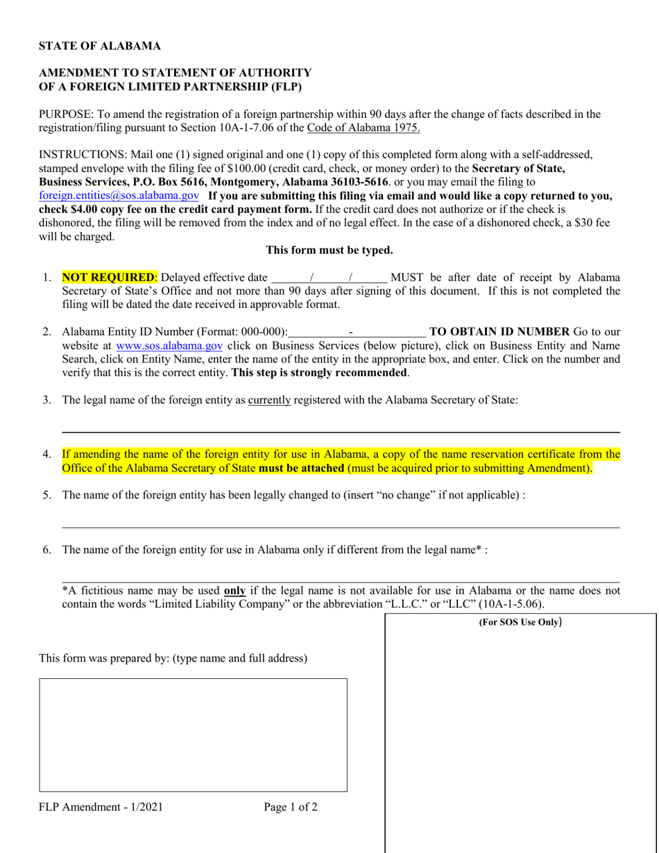 Alabama Amendment to Statement of Authority of a Foreign Limited ...