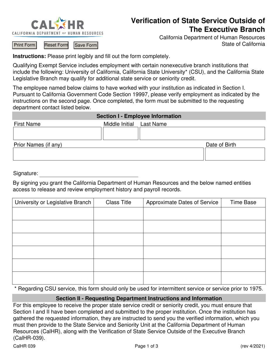 Form CALHR039 Download Fillable PDF or Fill Online Verification of ...