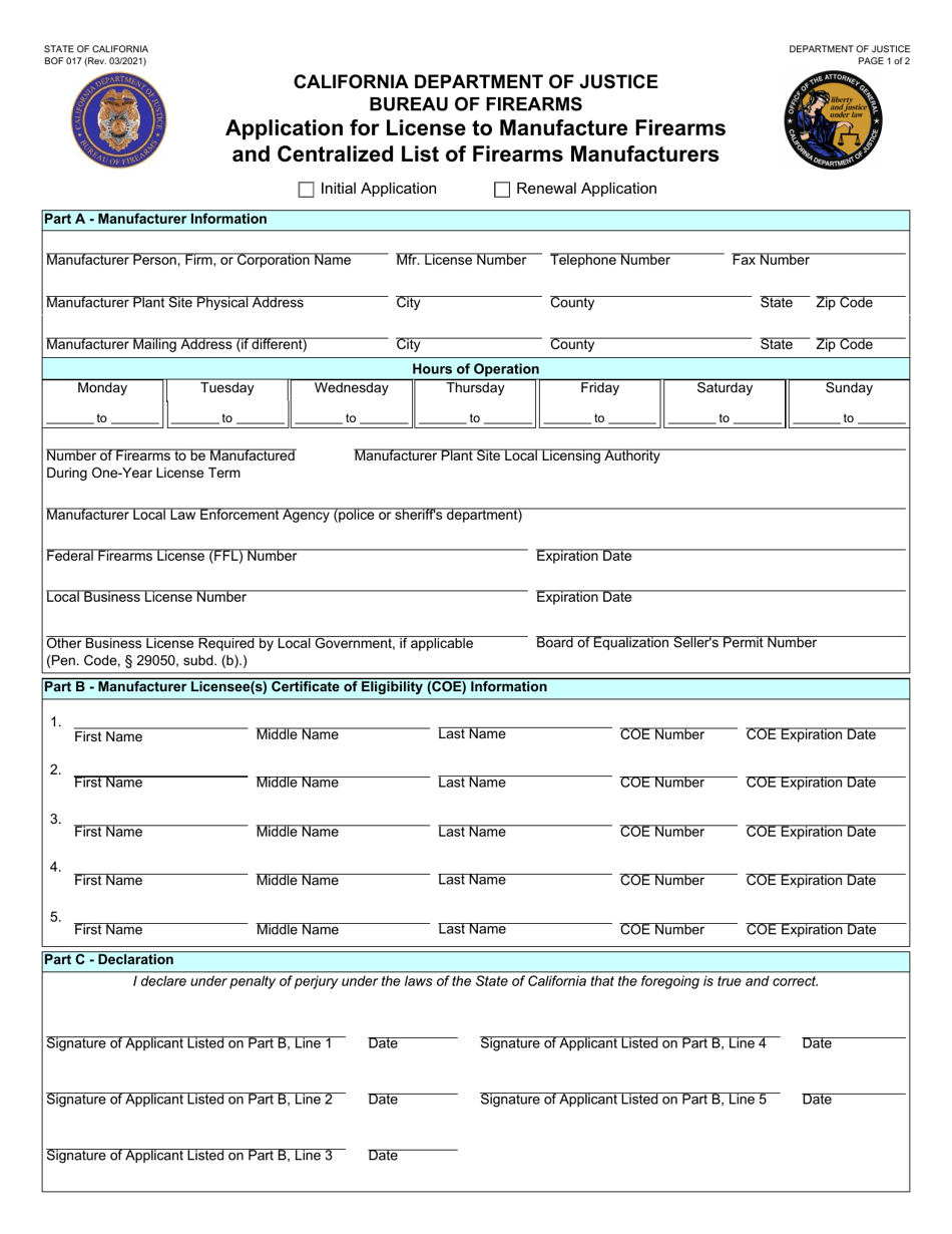 Form BOF017 Download Fillable PDF or Fill Online Application for ...