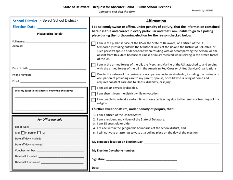 Delaware Request for Absentee Ballot - Public School Elections Download ...