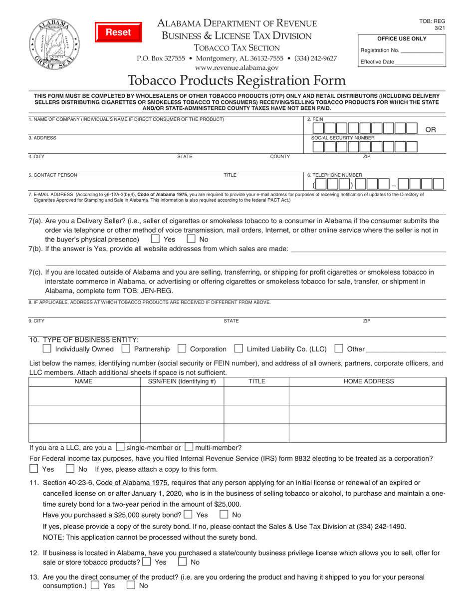 Form TOB: REG Download Fillable PDF or Fill Online Tobacco Products Registration Form, Alabama ...
