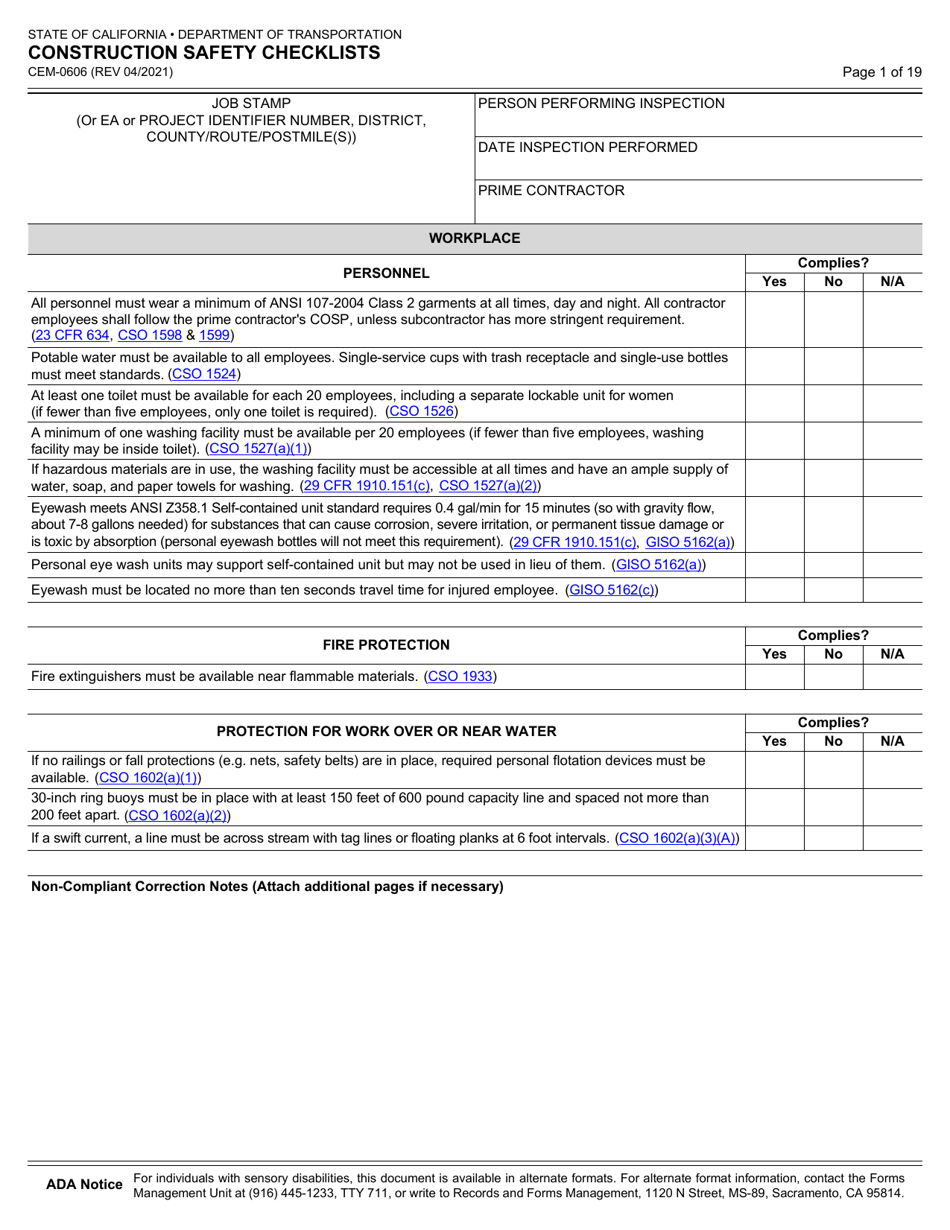 Form CEM-0606 Download Fillable PDF or Fill Online Construction Safety ...
