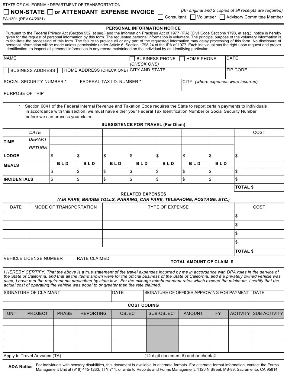 Form FA-1301 Download Fillable PDF or Fill Online Non-state or ...