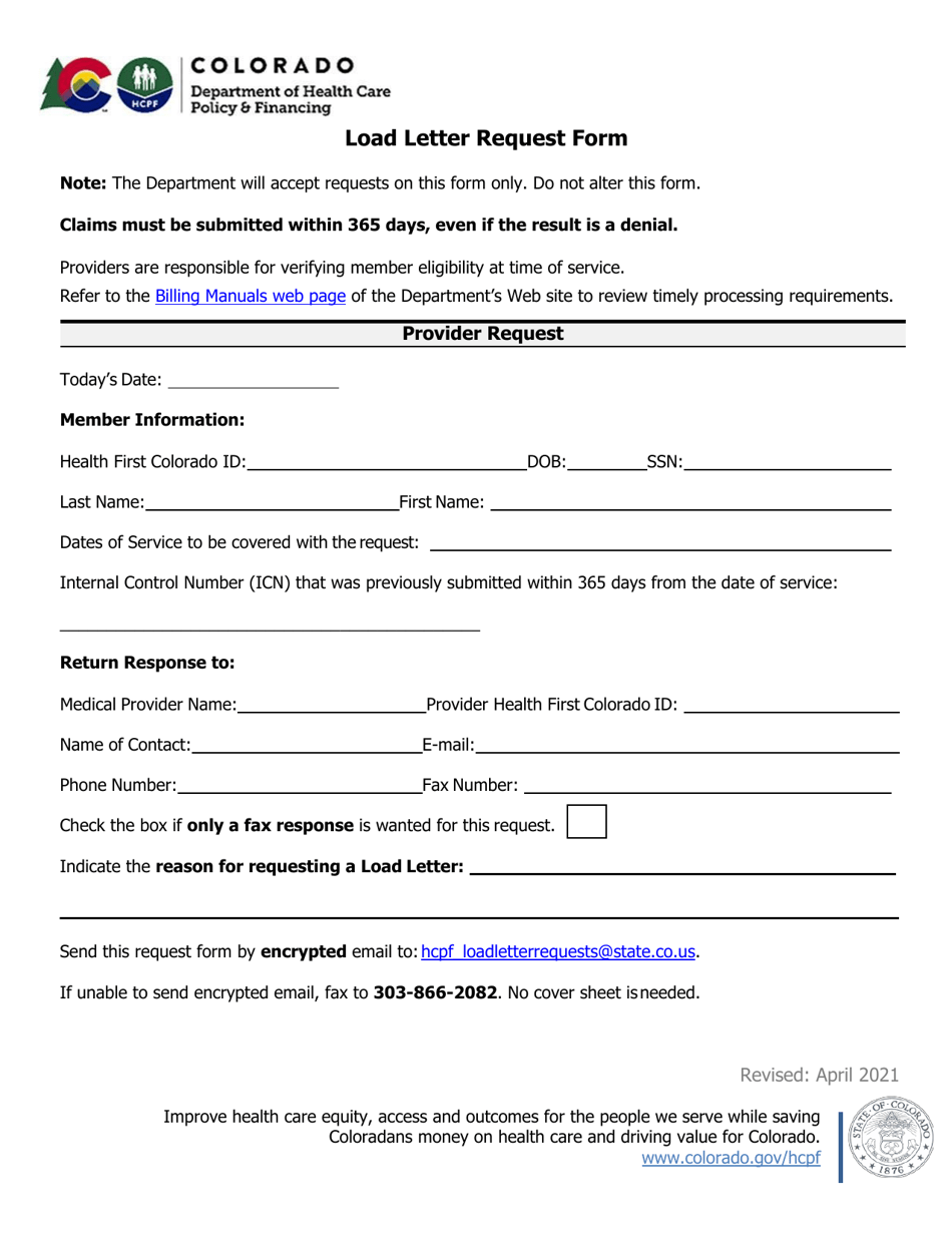Colorado Load Letter Request Form Download Printable PDF | Templateroller