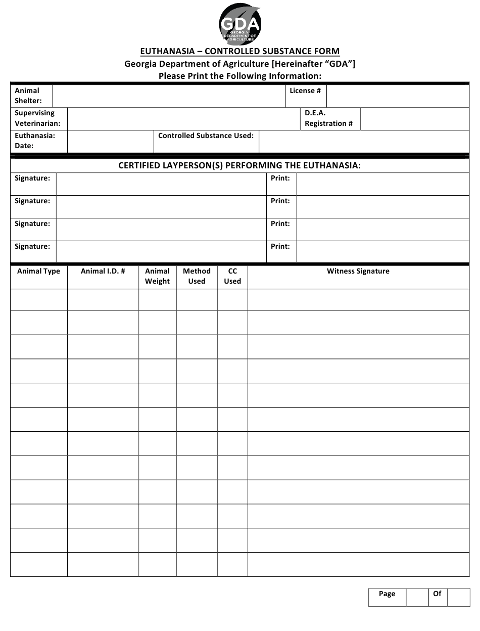Georgia (United States) Euthanasia - Controlled Substance Form Download ...