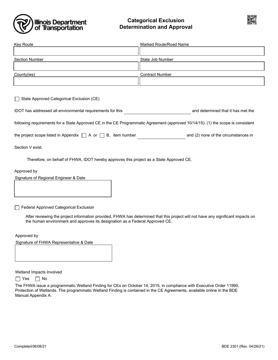 Form BDE2301 Download Fillable PDF or Fill Online Categorical Exclusion Determination and ...