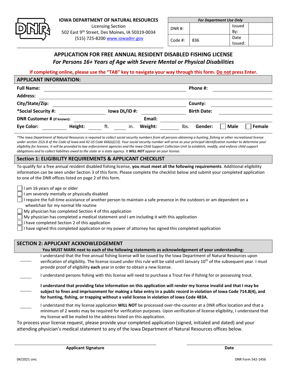 DNR Form 542-1456 Download Fillable PDF or Fill Online Application for ...