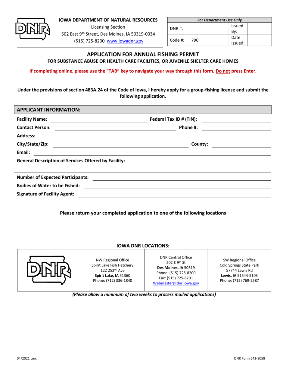 DNR Form 542-8058 Download Fillable PDF or Fill Online Application for ...