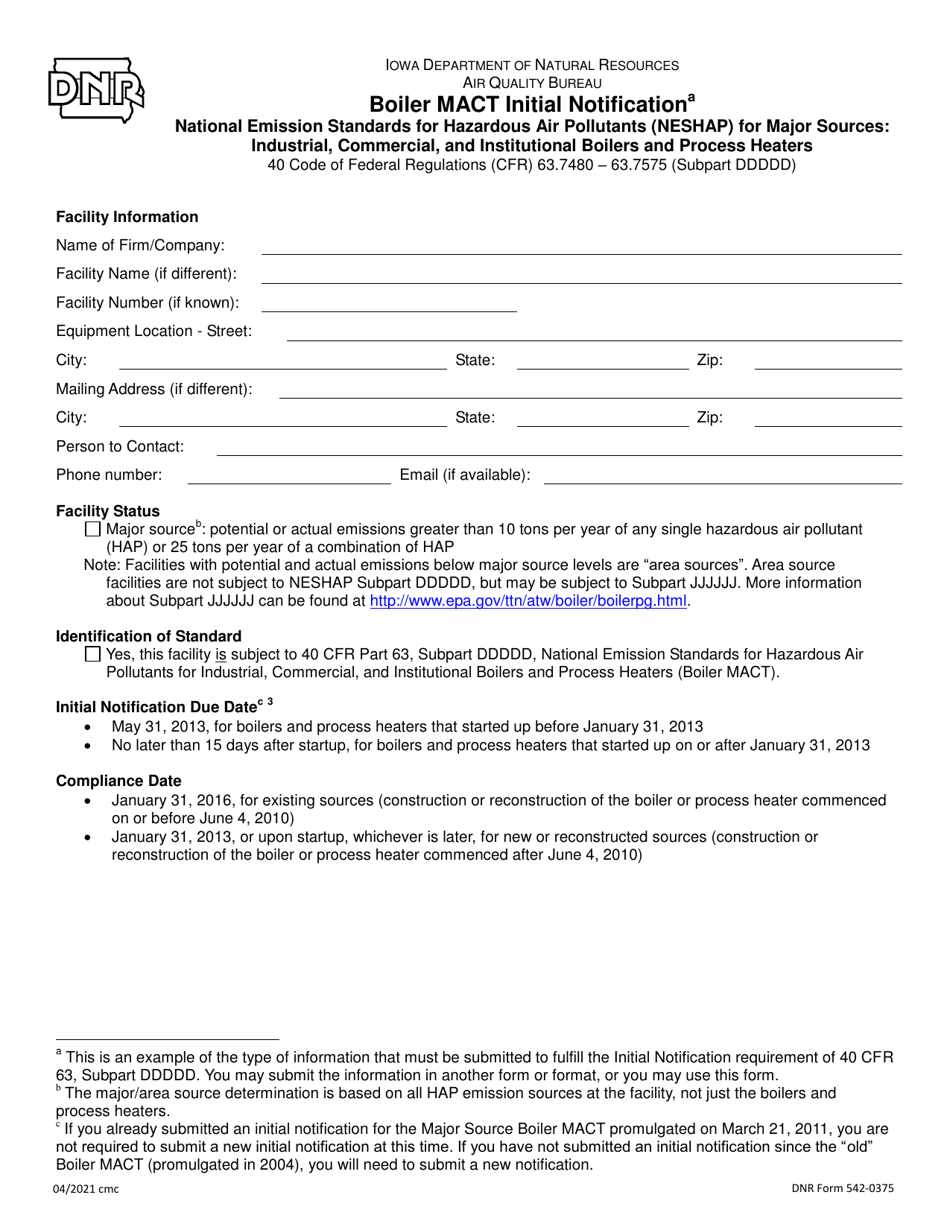 DNR Form 542-0375 Download Fillable PDF or Fill Online Boiler Mact ...