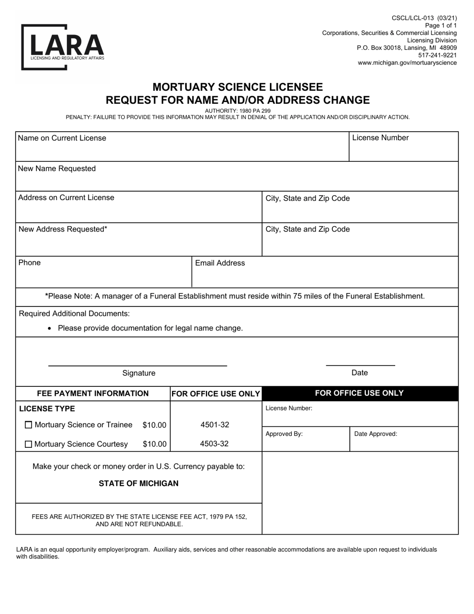 Form CSCL/LCL-013 Download Fillable PDF or Fill Online Mortuary Science ...