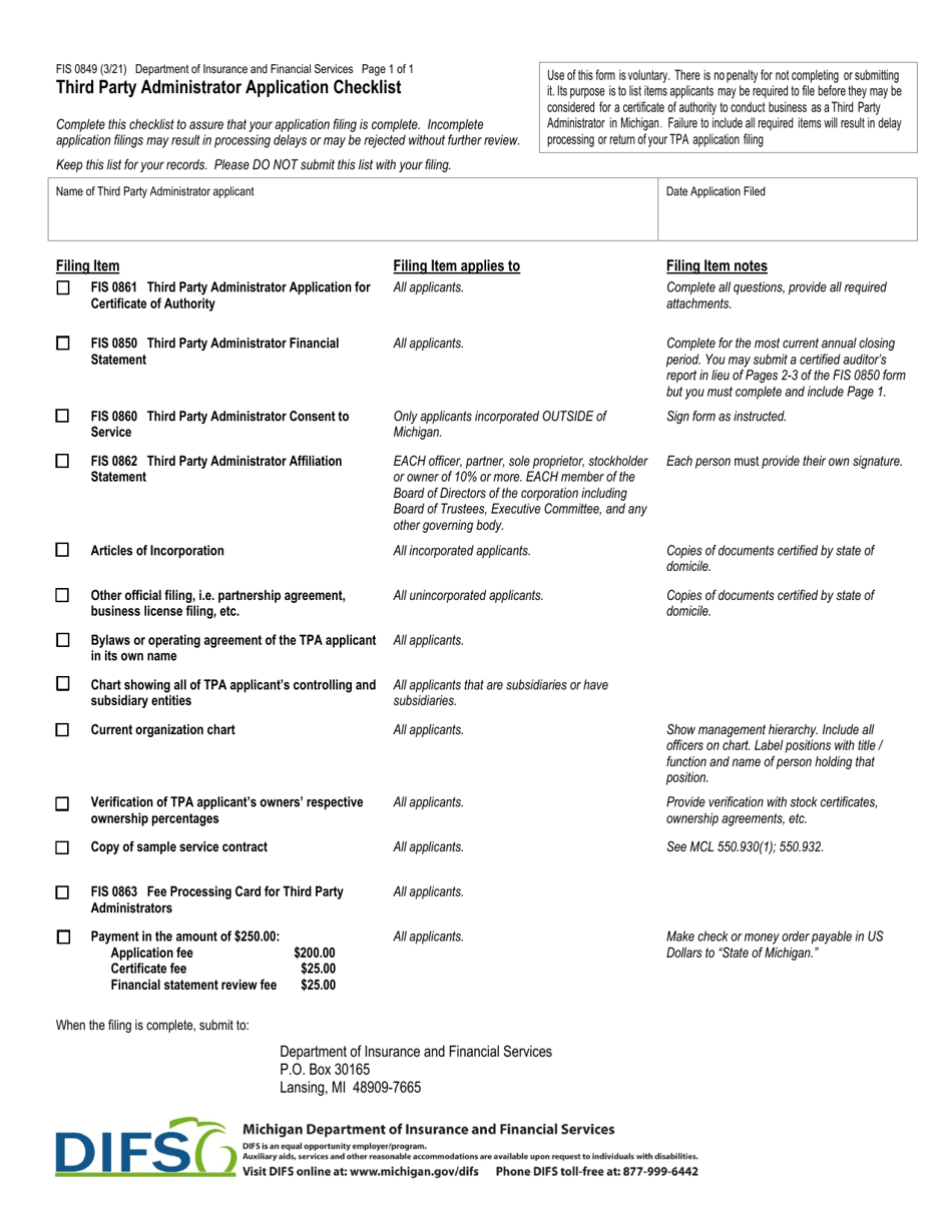 Form FIS0849 Download Fillable PDF or Fill Online Third Party Administrator Application ...