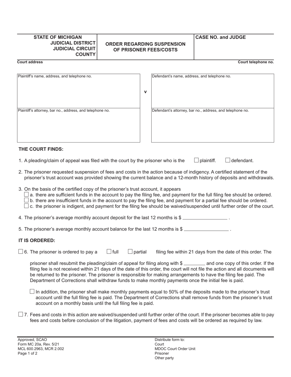 Form MC20A Download Fillable PDF or Fill Online Order Regarding ...