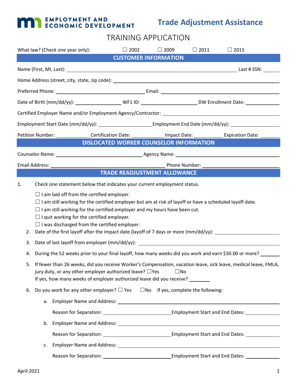 Minnesota Training Application - Trade Adjustment Assistance - Fill Out ...