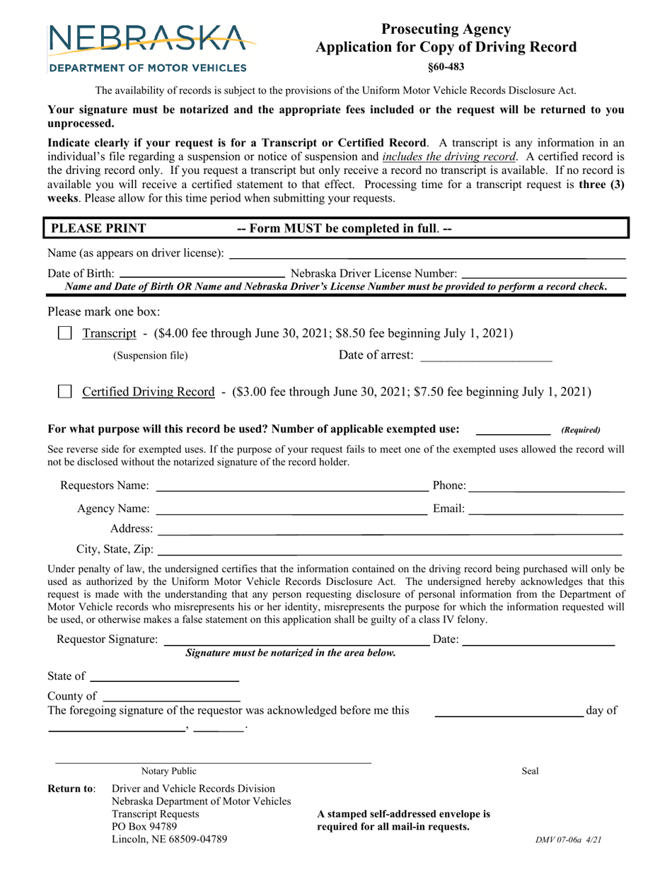 Form DMV07-06A Download Printable PDF or Fill Online Prosecuting Agency Application for Copy of ...