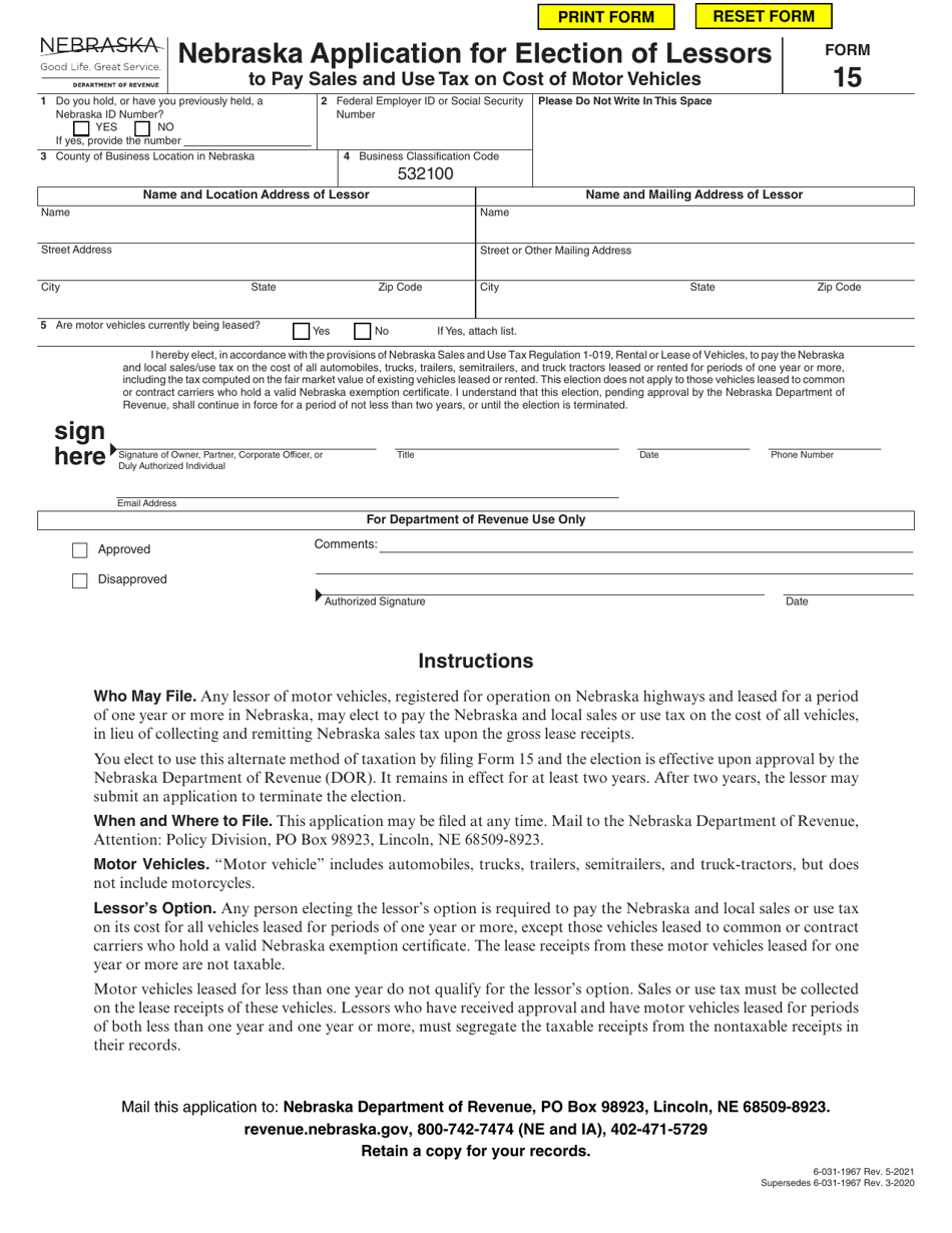 Form 15 Download Fillable PDF or Fill Online Nebraska Application for ...