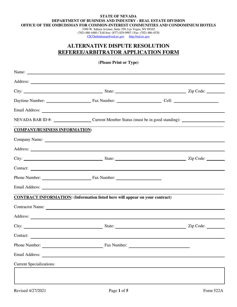 Form 522A - Fill Out, Sign Online and Download Fillable PDF, Nevada ...