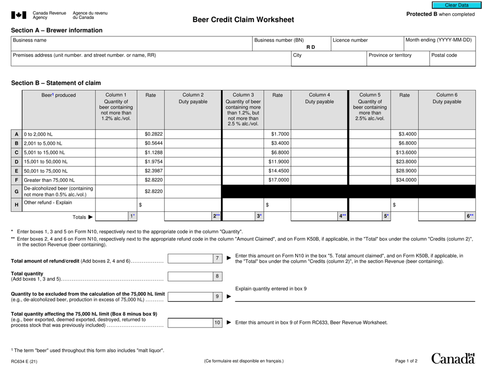 Form RC634 Download Fillable PDF or Fill Online Beer Credit Claim ...