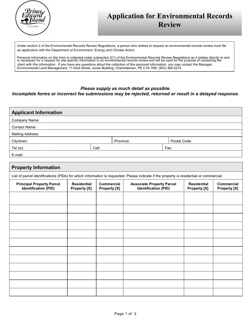 Prince Edward Island Canada Application for Environmental Records ...