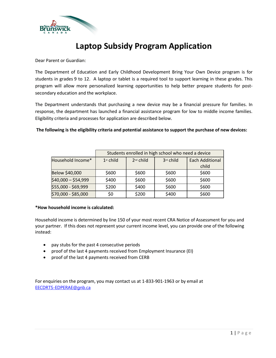 New Brunswick Canada Laptop Subsidy Program Application - Fill Out ...