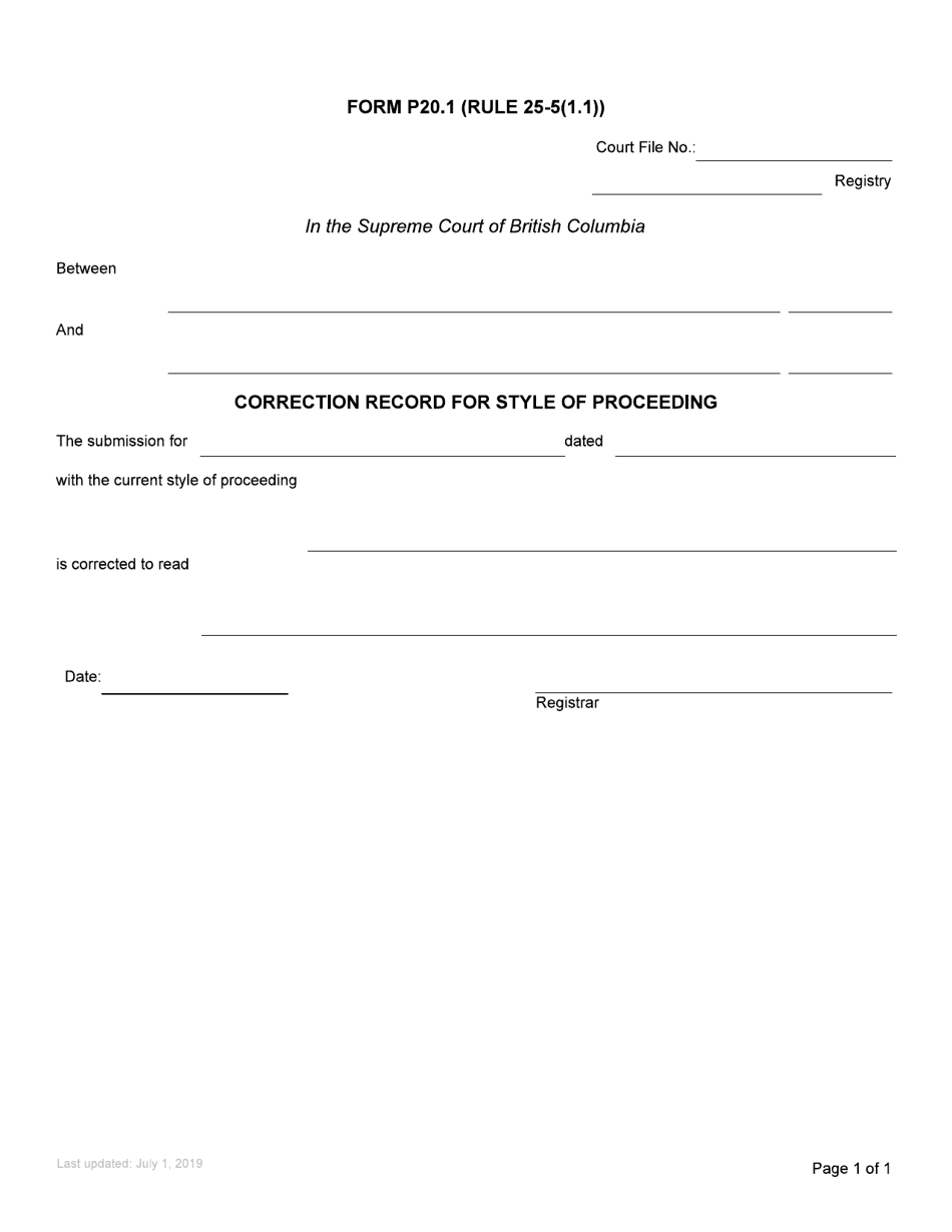 Form P20.1 Download Fillable PDF or Fill Online Correction Record for ...