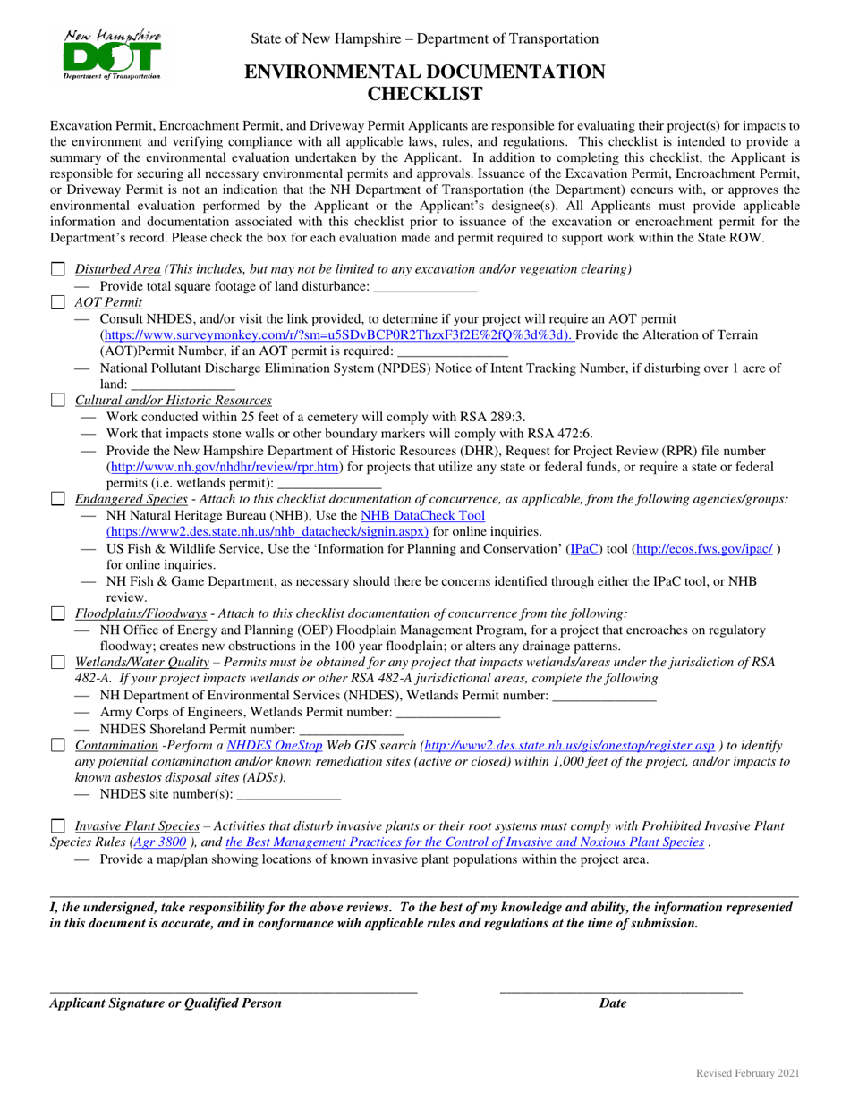 New Hampshire Environmental Documentation Checklist - Fill Out, Sign ...