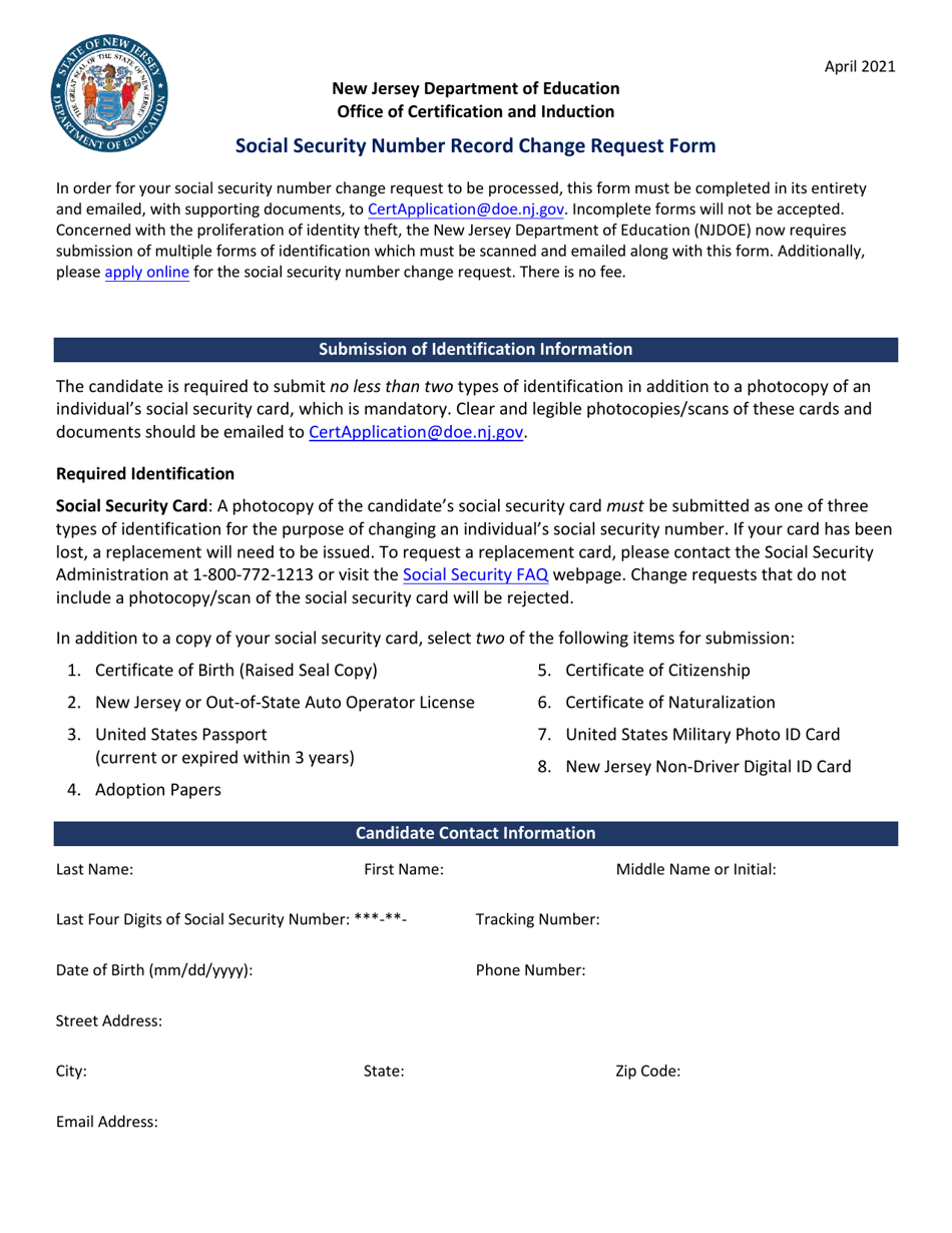 New Jersey Social Security Number Record Change Request Form - Fill Out ...