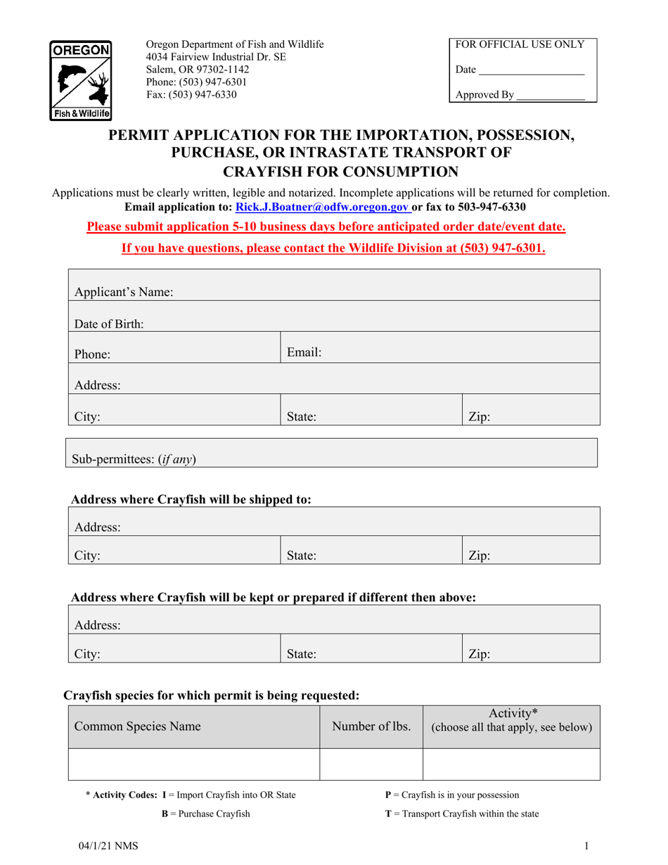 Oregon Permit Application for the Importation, Possession, Purchase, or ...