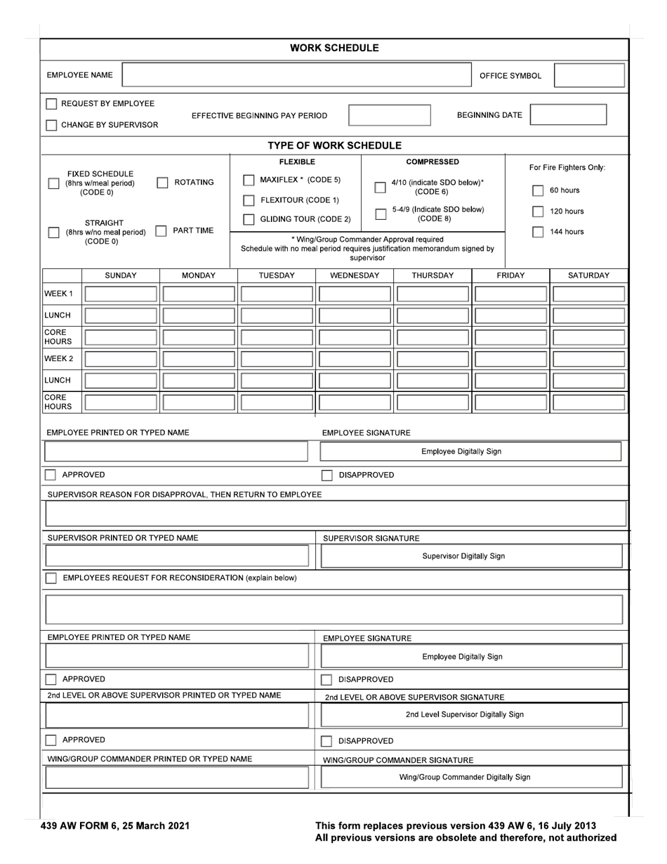 439 AW Form 6 Download Fillable PDF or Fill Online Work Schedule ...
