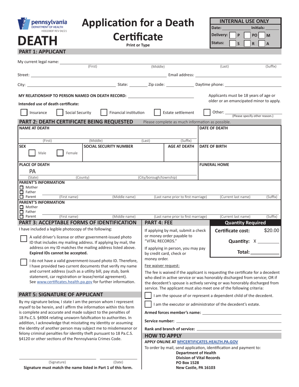 Application For Search Of Death Record Files Fillable Form Printable Forms Free Online
