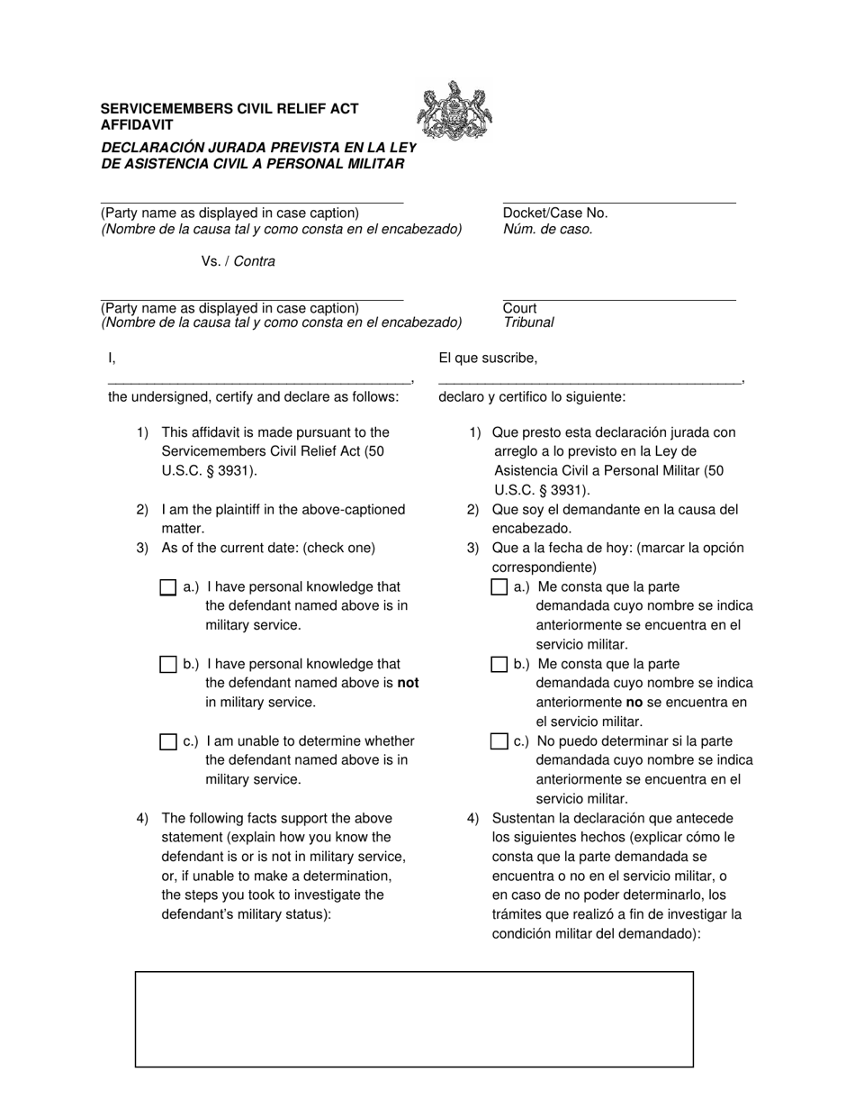 Pennsylvania Servicemembers Civil Relief Act Affidavit (English/Spanish ...