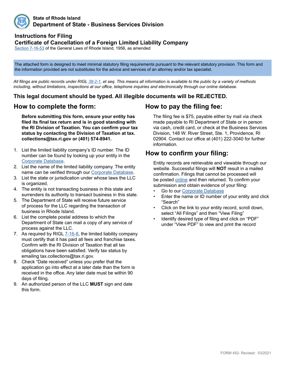 Form 452 - Fill Out, Sign Online and Download Fillable PDF, Rhode ...